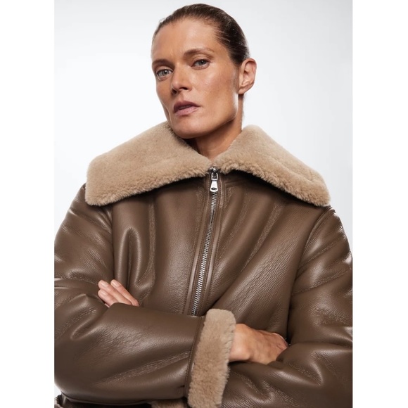 Mango | Jackets & Coats | Nwt Mango Oversized Brown Leather Shearling ...